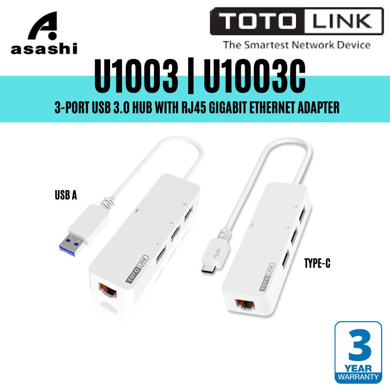 TOTOLINK U1003 USB A / U1003C TYPE-C 3-Port USB 3.0 Hub with RJ45 ...