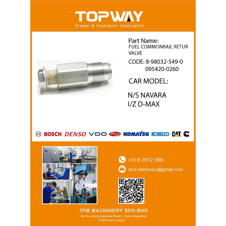ISUZU DMAX NAVARA TRITON FUEL COMMONRAIL RETURN VALVE 8-98032-549-0 ...