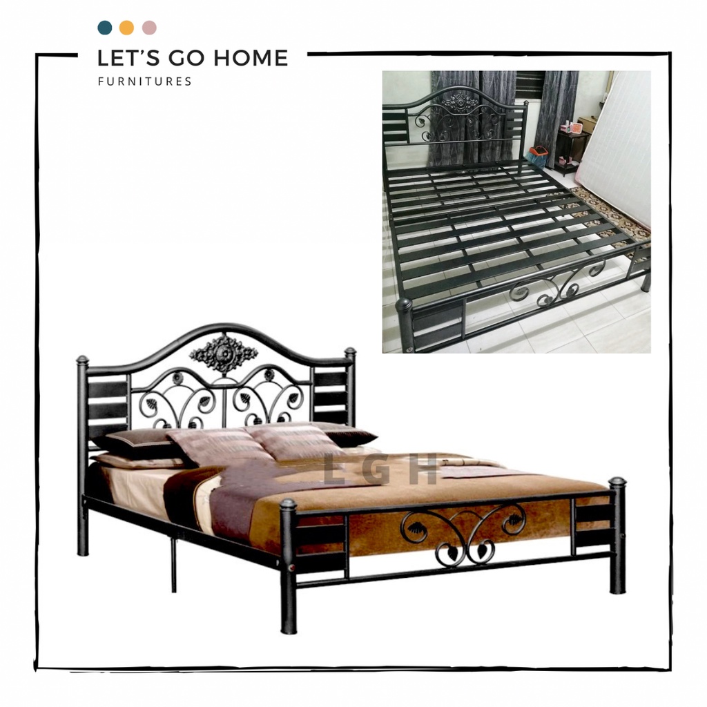Matte Black Metal Queen Bed Frame | Katil Besi Queen | Metal Slats Base ...