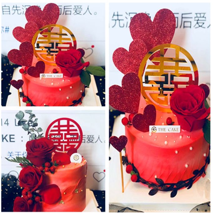 Chinese Wedding Banquet Festive Cake Decoration 囍 Golden Red Acrylic ...