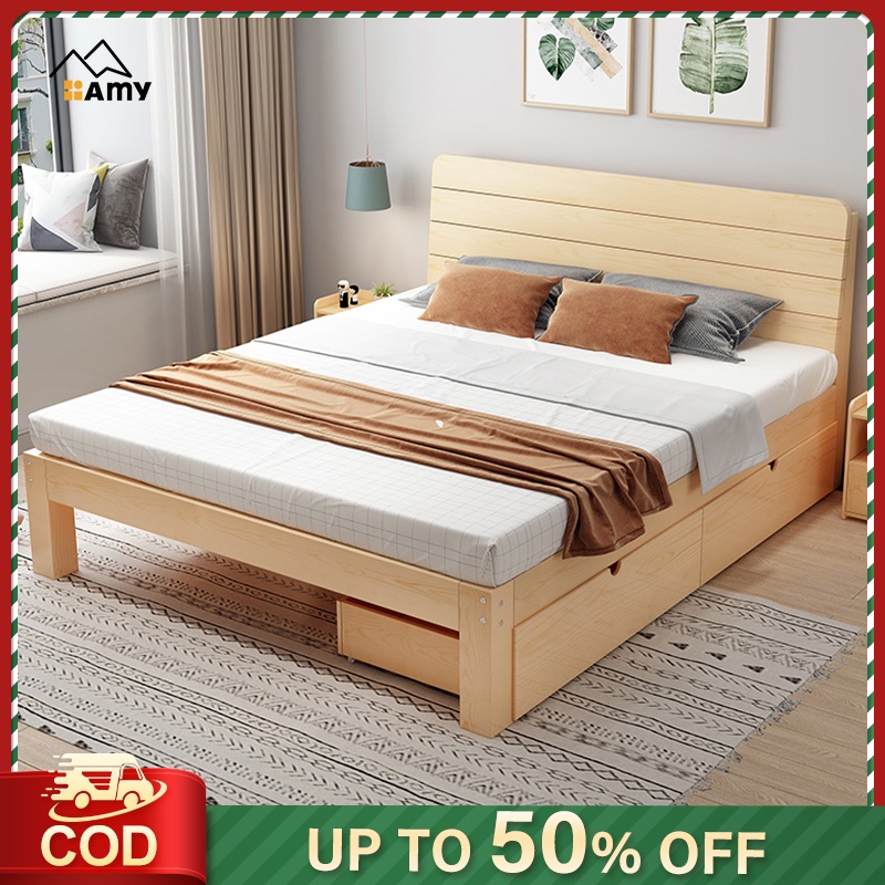 Amy Solid Wood Bed Frame With HeadBoard Katil Kayu King Size Bedroom ...