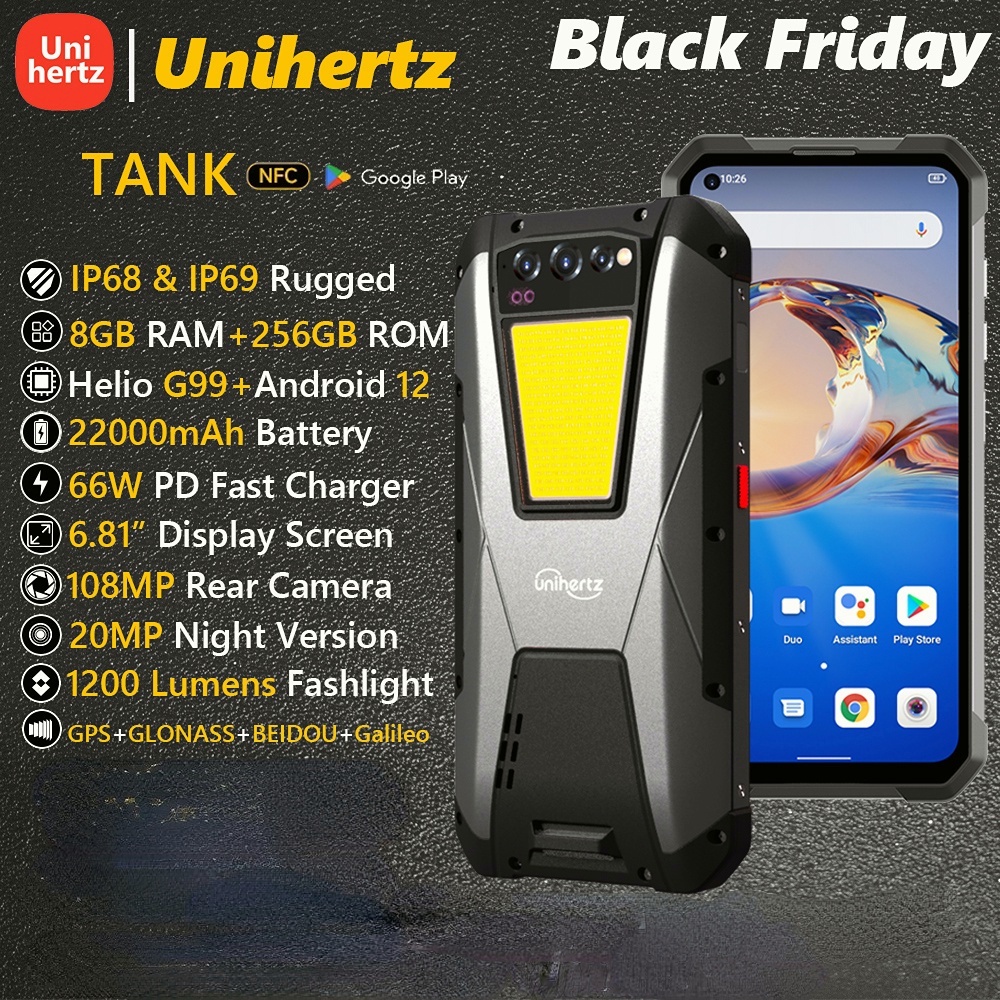 World Premiere Unihertz TANK Larger Battery Rugged Smartphone Android 12 22000mAh Night Vision ...