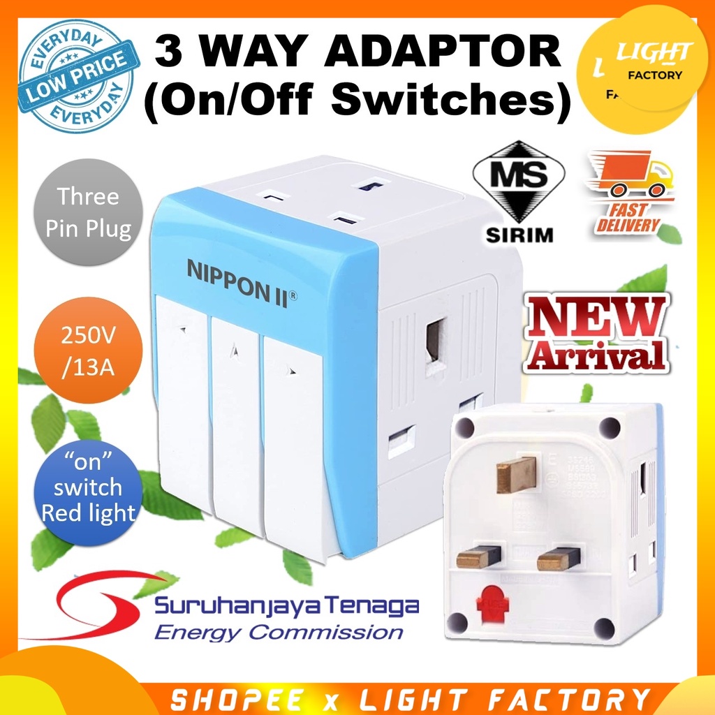 [SIRIM Approved] 3 Way Adapter with Switch 3 Way Multi Adaptor 13A 3 ...
