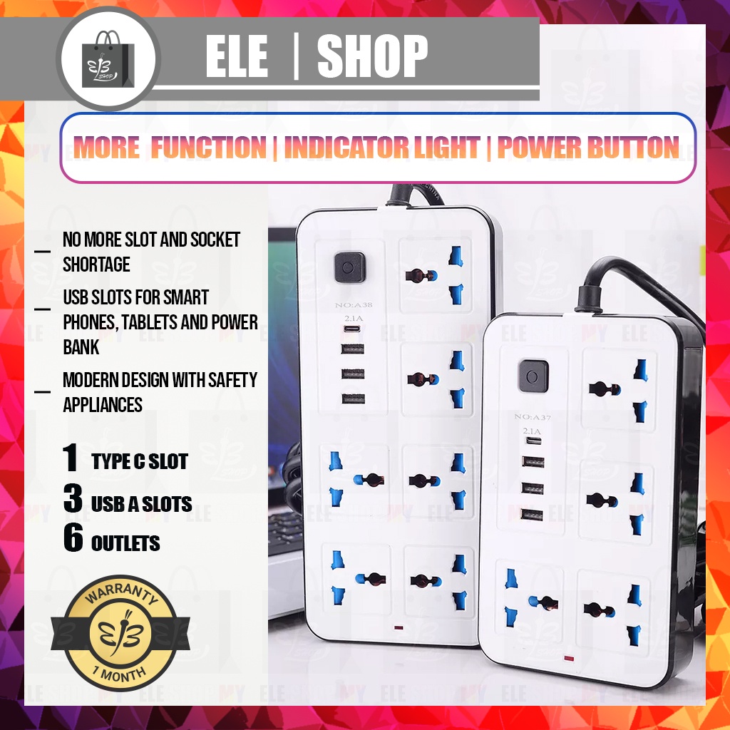 [EARTH WIRE] 6WAYS 2500W 2 METER with USB Power Socket USB Extension ...