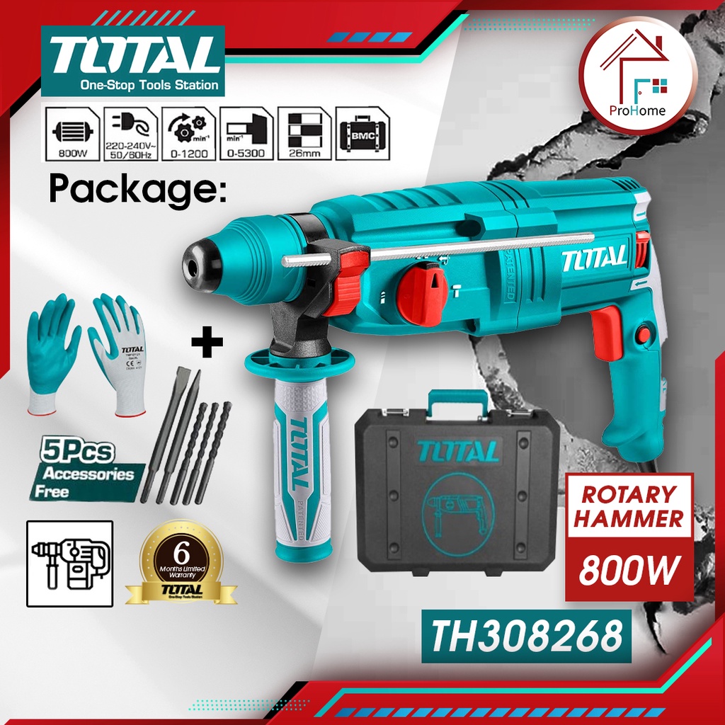 TOTAL TH308268 800W 26MM 3 IN 1 ROTARY HAMMER / FREE TOTAL TSP12101-XL NITRILE GLOVES | Shopee ...