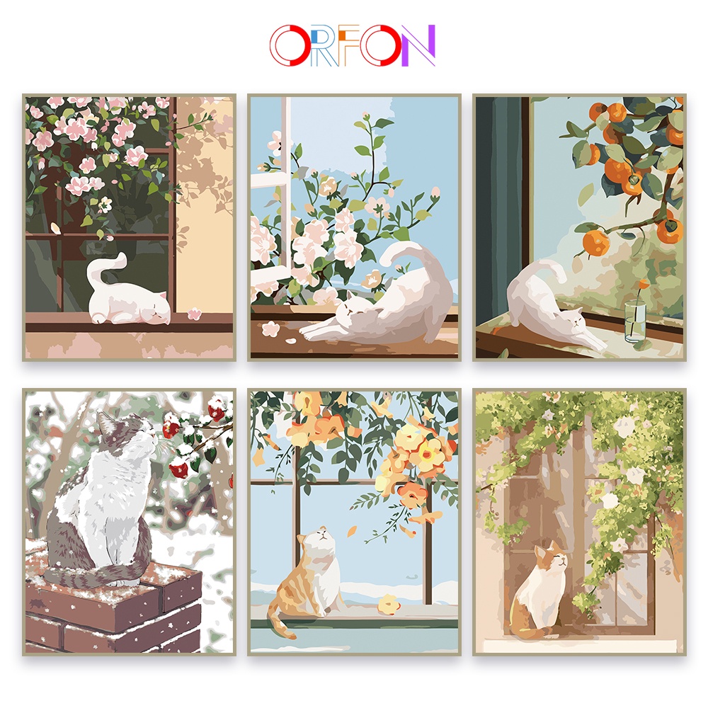 [ORFON] Paint by numbers 40*50cm DIY frame manual coloring cute cat oil painting decompression ...