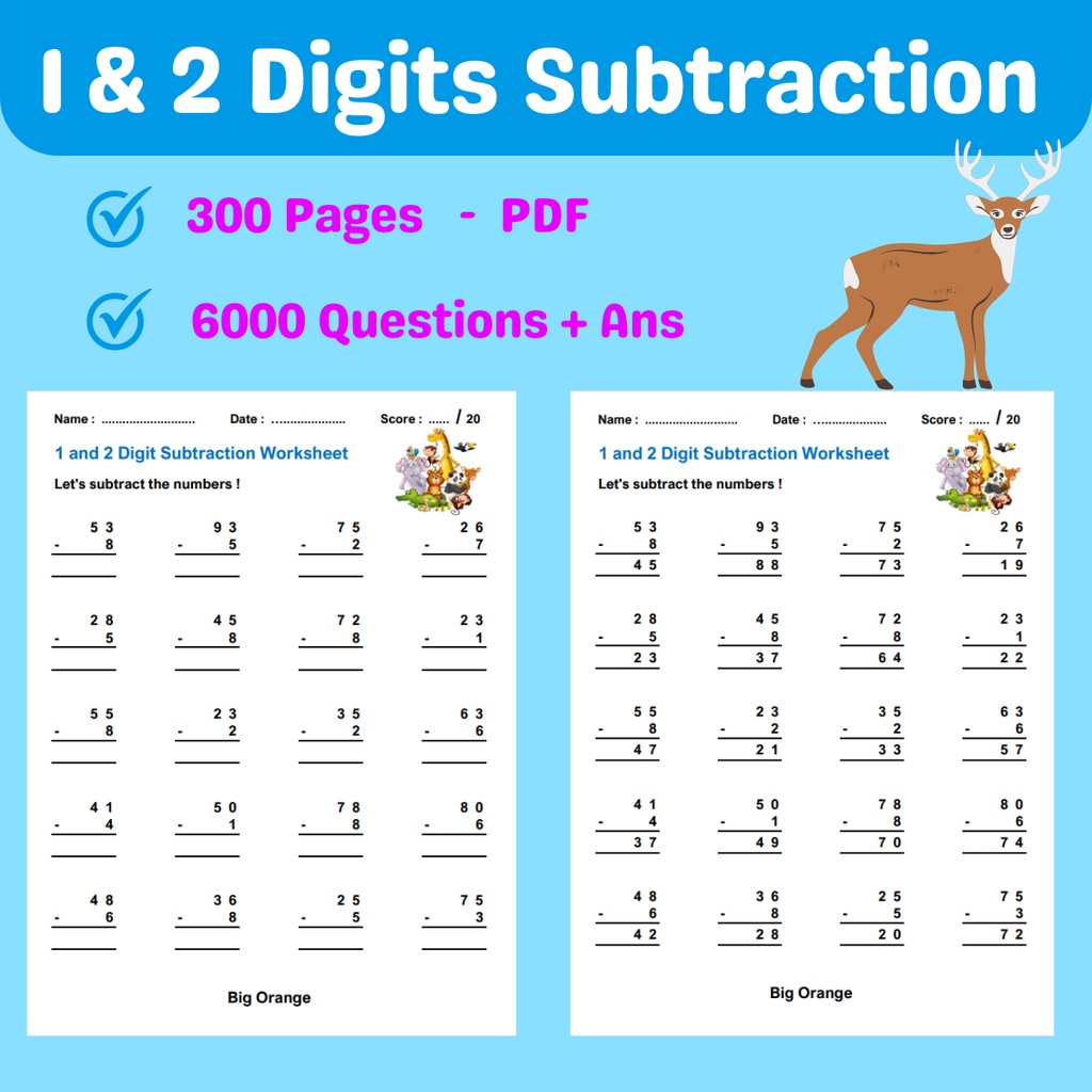 [PDF]One and Two Digits Subtraction Printable Math Worksheet -6000 ...