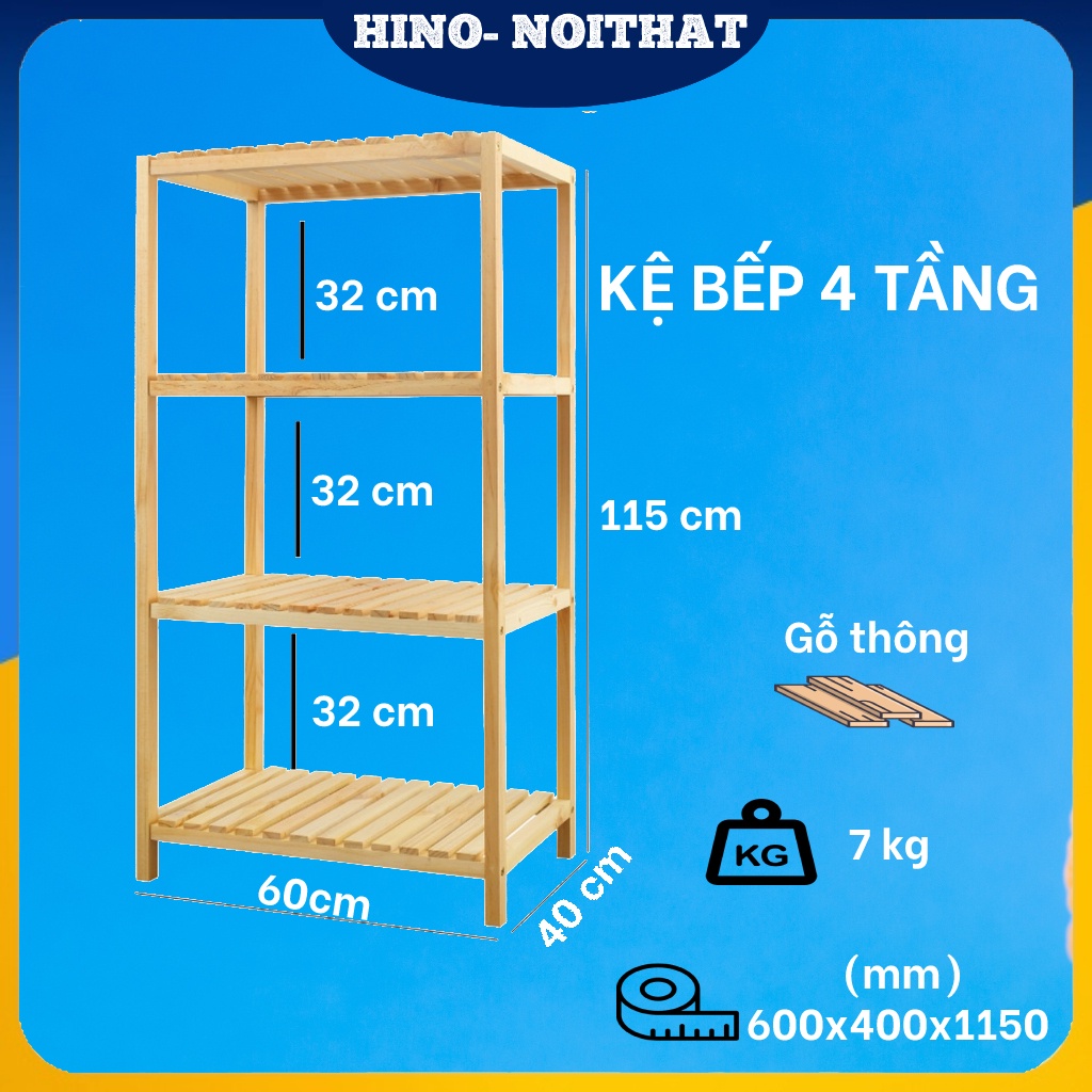 Multi-purpose 4-Storey Kitchen Shelf, Pine Wood, 115cm High, 40 Wide ...