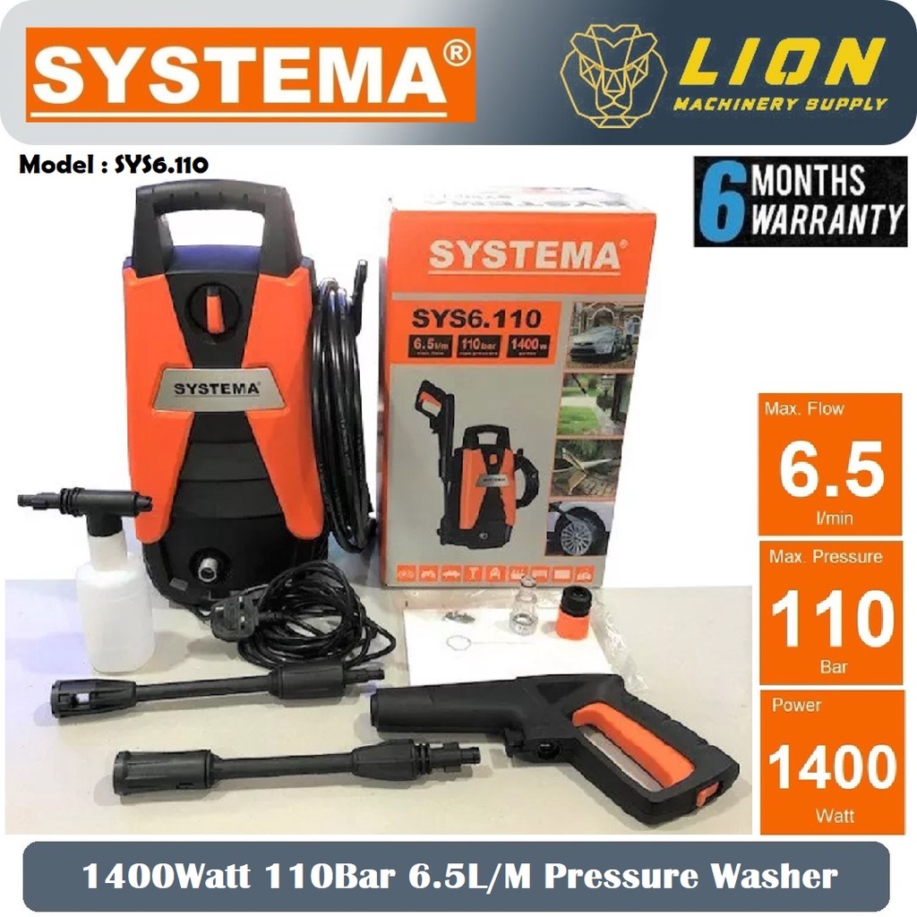SYSTEMA 1400Watt 110Bar 6.5L/min High Pressure Cleaner Water Jet ...