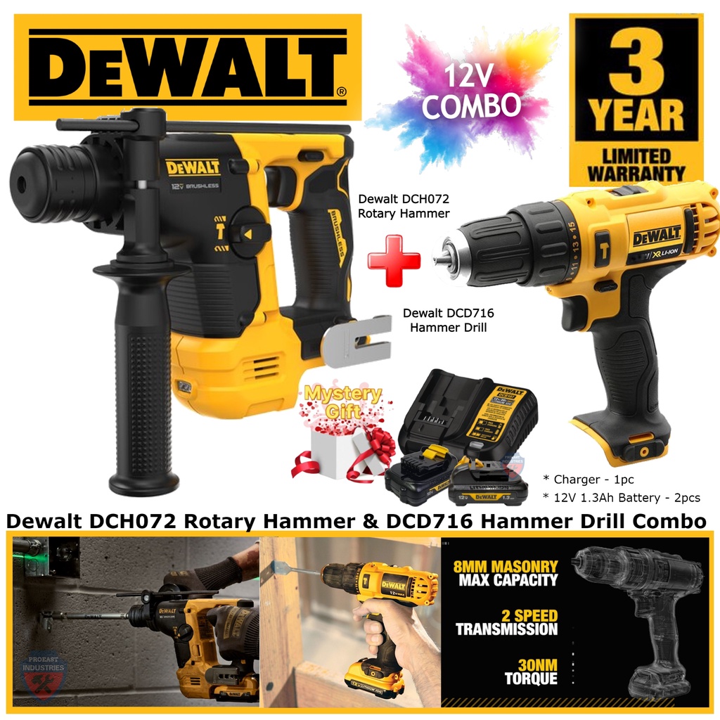Dewalt DCH072 12V Brushless Rotary Hammer & DCD716 12V Hammer Drill 12V ...