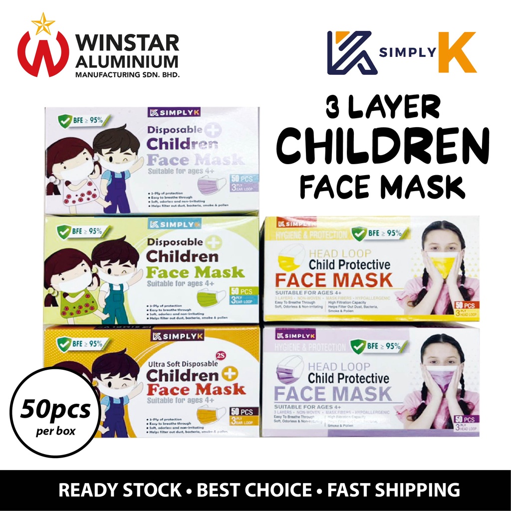SIMPLY-K 3 Ply Kids Disposable Face Mask - EarLoop / HeadLoop (50pcs ...