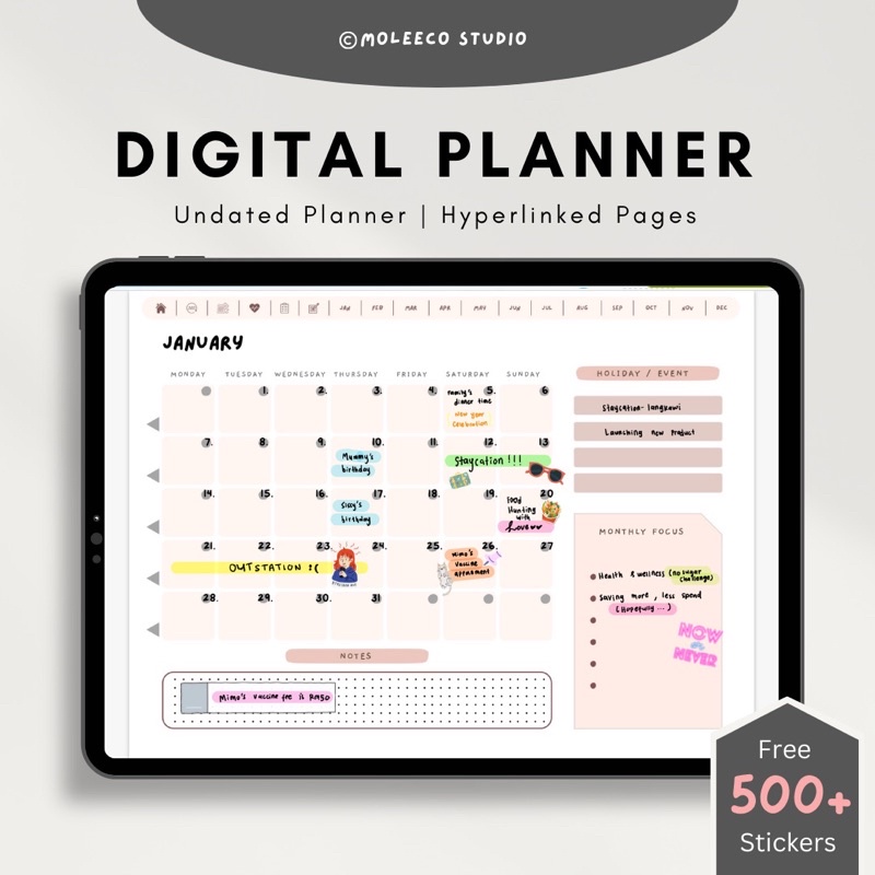 UNDATED Digital Planner Cute Korean Aesthetic with hyperlinked tabs for ...
