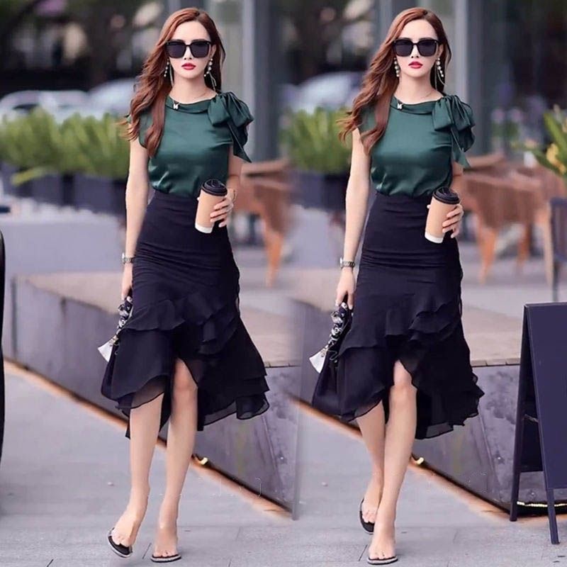 Women's fashion suit skirt summer foreign style blouse irregular ruffle ...