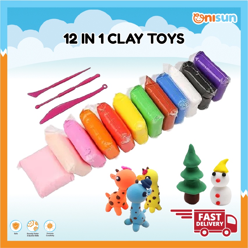 12 Colors Kids' Play Dough Set with Tools | DIY Clay Playset (Mainan ...