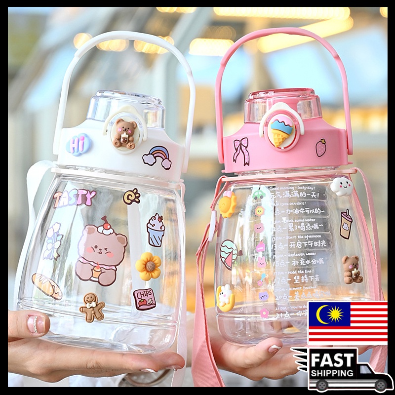 Big Belly Cup Portable Water Bottle With Straw Sticker BPA Free, Korean Style 1100ml Water ...