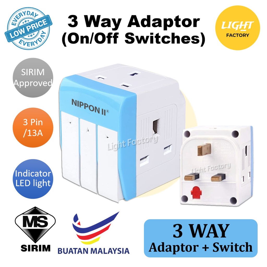 [SIRIM APPROVED] 3 Way Adapter with switch 3 Pin Conversion Plug ...