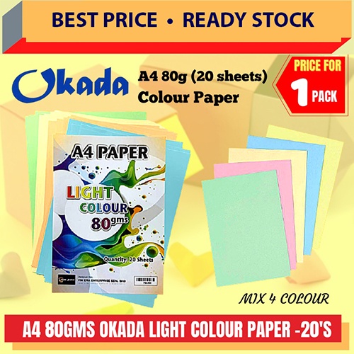 OKADA A4 Light Colour Paper - 20pcs / Kertas Warna / A4 Paper 80gsm ...
