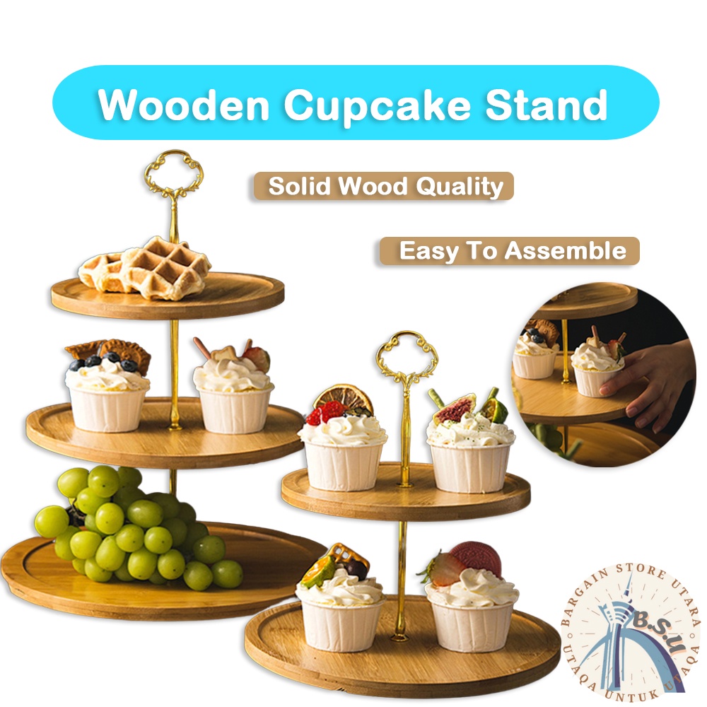 BSU 2/3 Tiers Cupcake Display Stand Bamboo Wood Serving Stand Dessert ...
