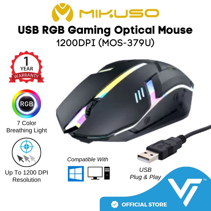 Mikuso Gaming Optical Mouse MOS-379U (1200DPi, RGB 7 Color Breathing Light with 1.5M Wired USB 2 ...