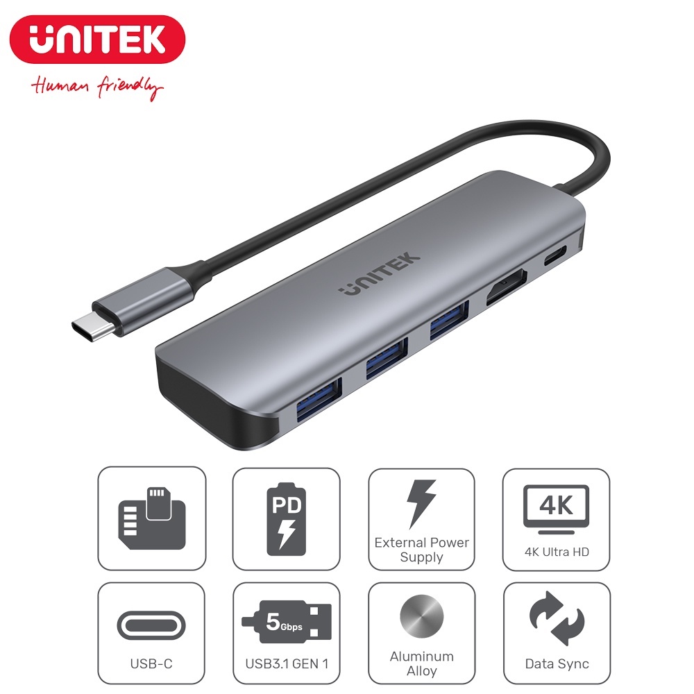 Unitek uHUB P5+ 5 in 1 USB-A Ports Powered USB Type-C Hub with 100W ...
