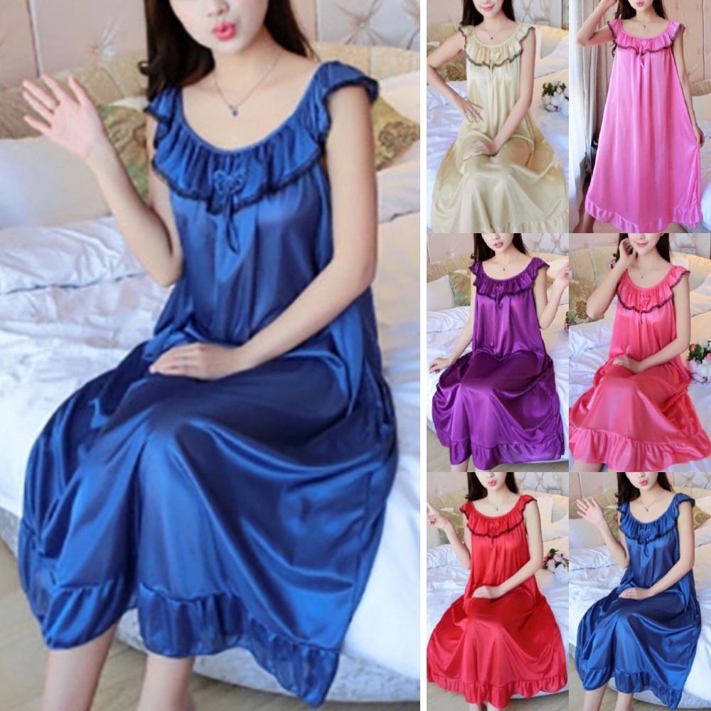 Baju Tidur Wanita Rekaan Baju Tidur Satin Plain Gaun ES-NW326 | Shopee ...