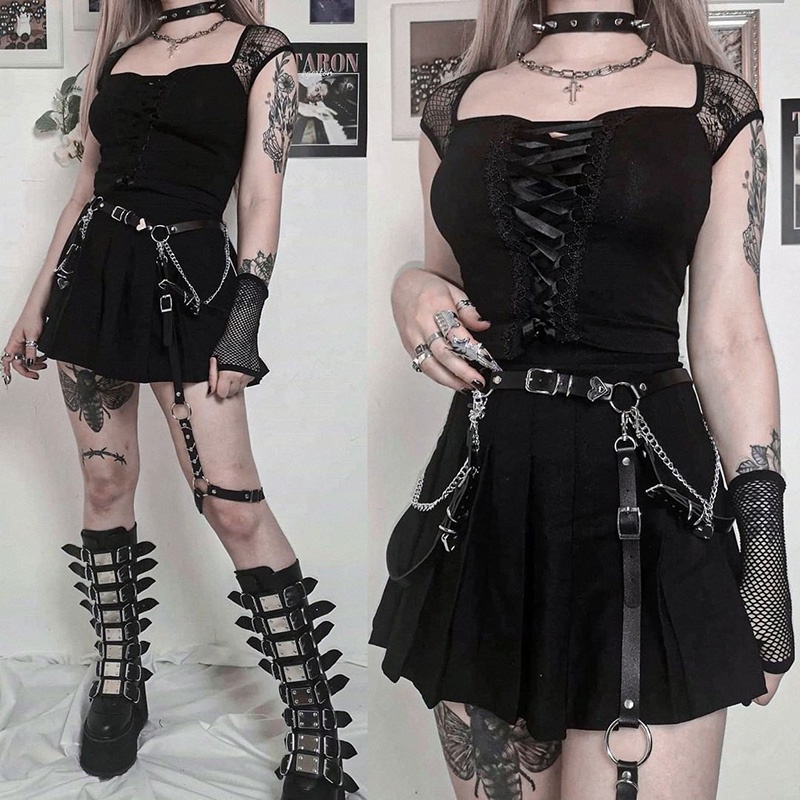 Vintage Tops Goth T-shirt Women Bodycon Bandage Lace Black T-shirts ...