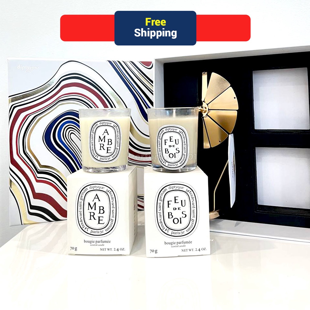 DIPTYQUE 2IN1 WHITE BOX LIMITED EDITION CANDLE SET (FEU DE BOIS ,AMBRE ...