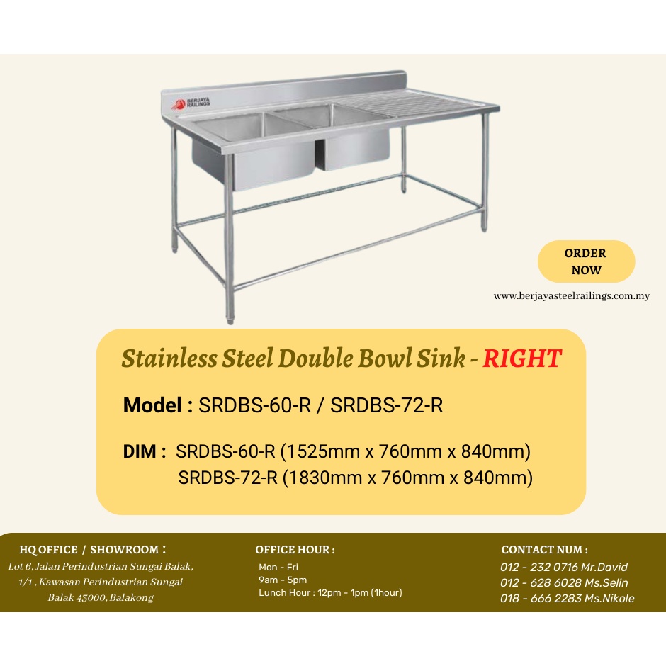 Bowl Sink/Stainless Steel Double Bowl Sink Table – Right/Mamak/Restoran ...