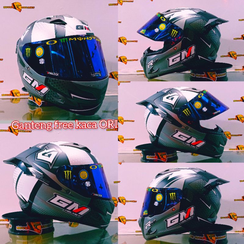 Gm full face Helmet With flash motif white Gray silver doff Handsome ...