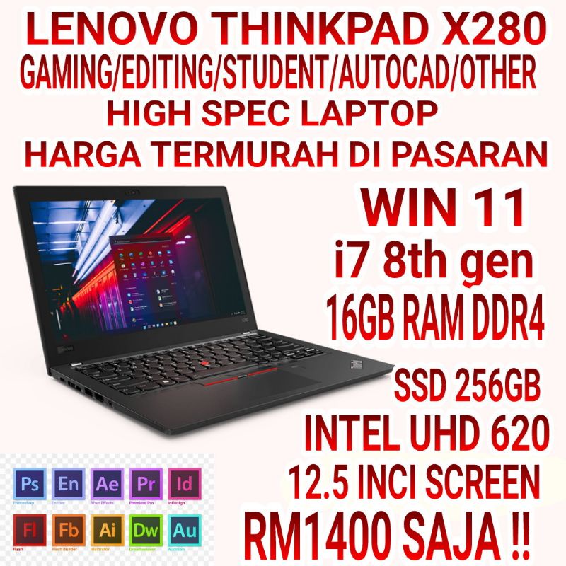 LAPTOP HIGH SPEC LENOVO THINKPAD X280 I7 GEN 8,16GB RAM,SSD,13. | Shopee Malaysia