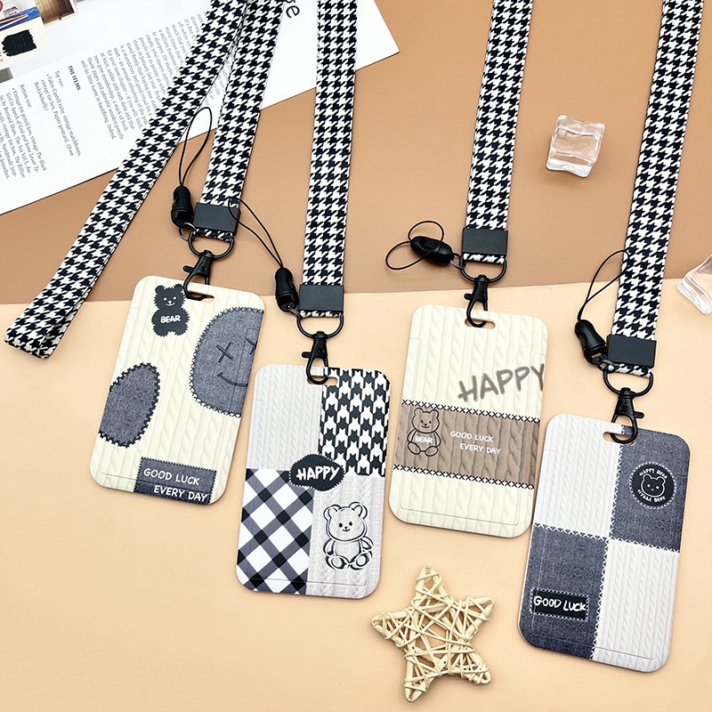 Autumn and winter splicing bear student ID card Holder meal card badge ...