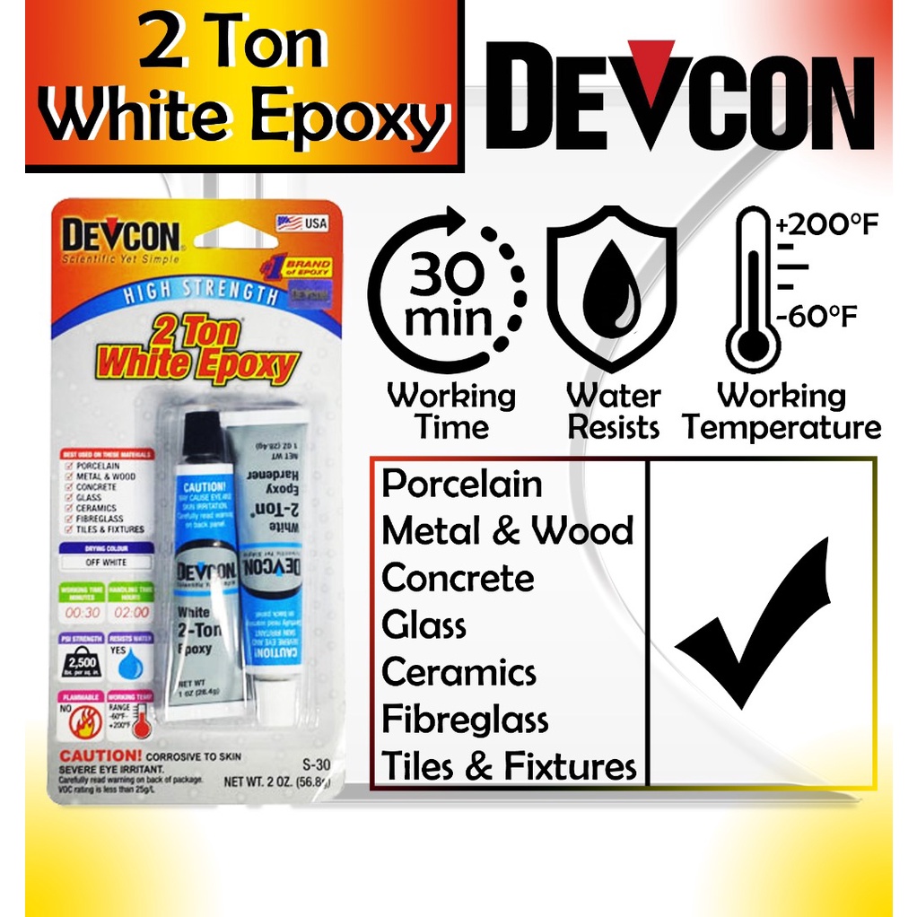 Devcon High Strength 2 Ton White Epoxy Adhesive S30 Gum Porcelain & Ceramic / Metal & Wood ...