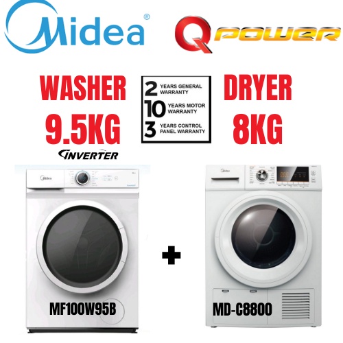 Midea 9.5KG + 8.0KG Front Load Washer Inverter Dryer MF100W95B/8.0KG ...
