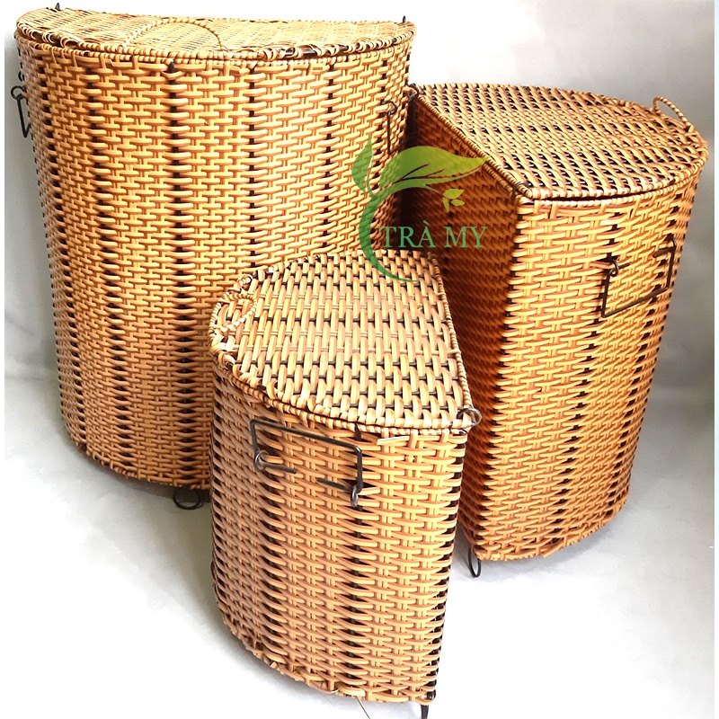 Half Moon Rattan Basket With Lid, Multi-Purpose Knitting Rattan Plastic ...