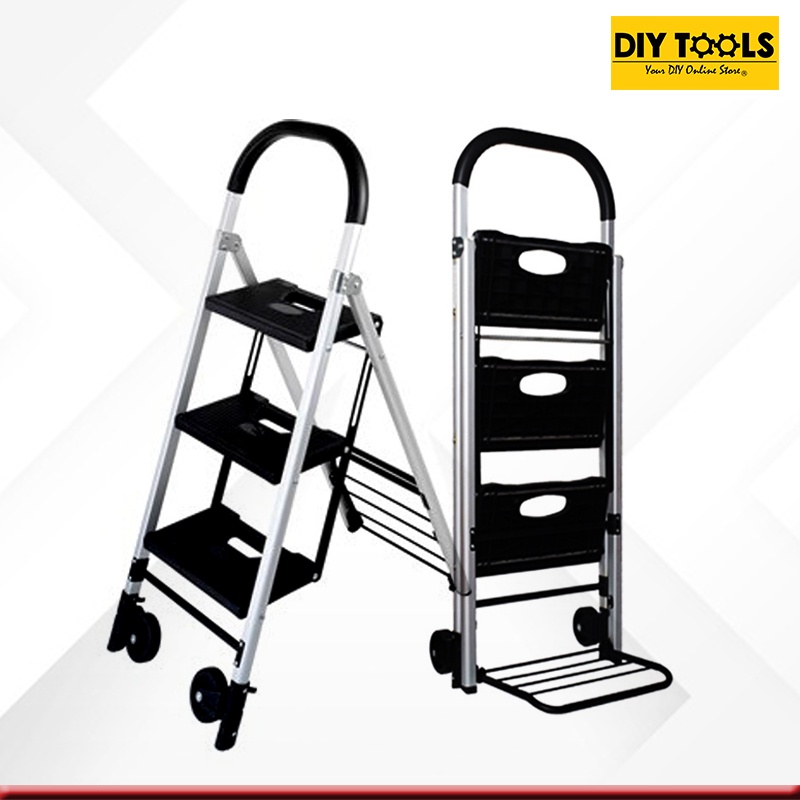 Aluminum 3 Steps 2-IN-1 Foldable Ladder Trolley - Trolley Max. Capacity ...