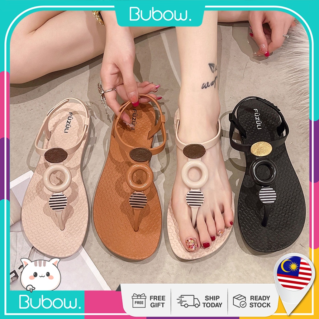 READY STOCK🔥BUBOW Women Sandals Kasut Flat Sandal Cross Straps Sandals ...