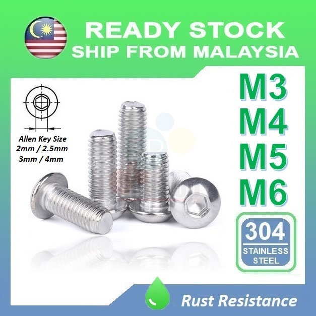 M3 M4 M5 M6 Screw Stainless Steel Socket Button Screw 304 Mushroom Head Screw DIY Skru | Shopee ...