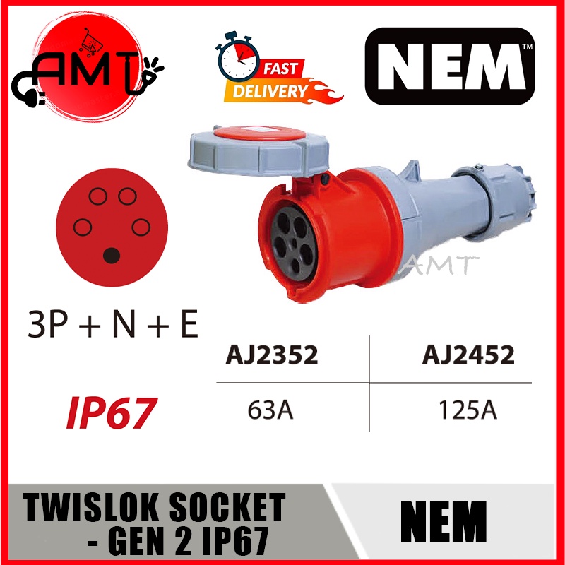 NEM TWISLOK 3P+N+E SOCKET 63A 125A AJ-2352 AJ-2452 GEN2 IP67 | Shopee ...