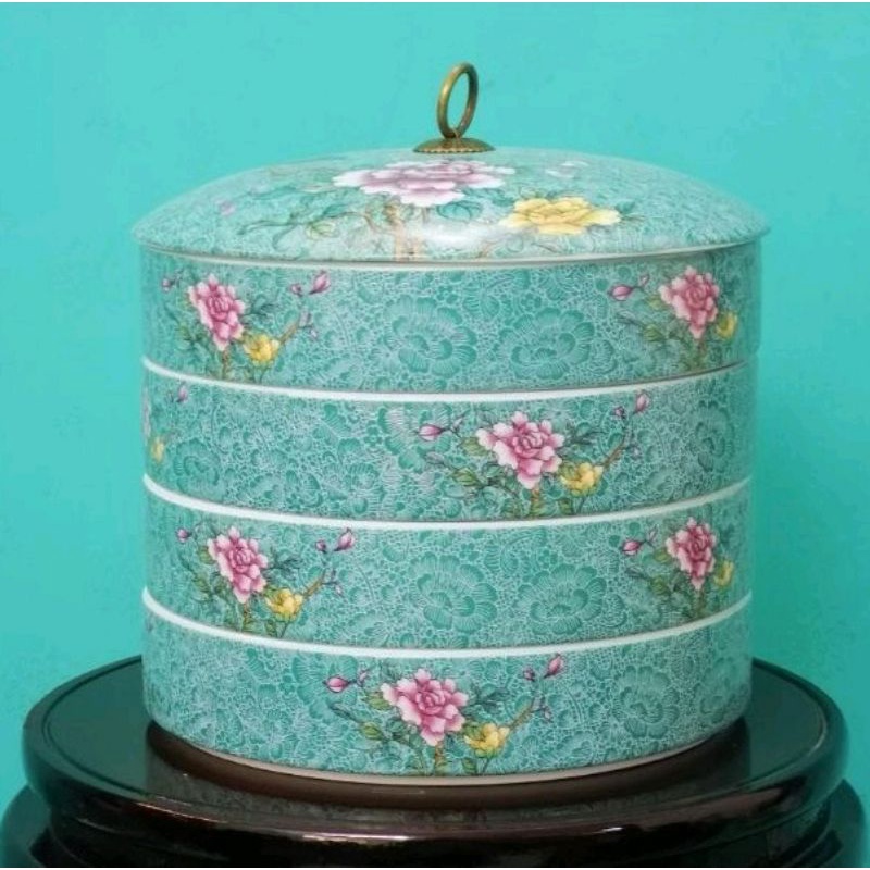 Embossed Design Green, Navy, Yellow Peonies Bird Ceramic Tiffin ...