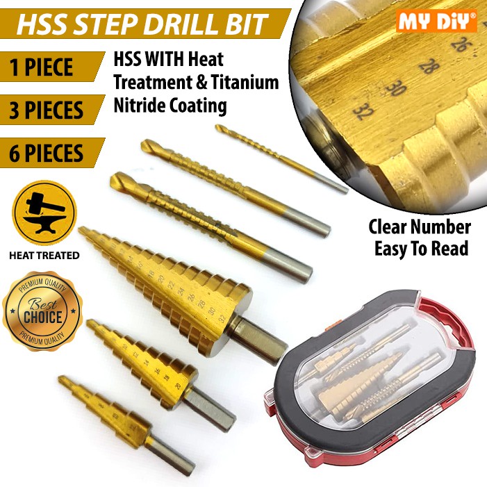 MYDIYHOMEDEPOT - 6PCS 4MM-32MM HSS Step Drill Bit Titanium Coated Hss ...