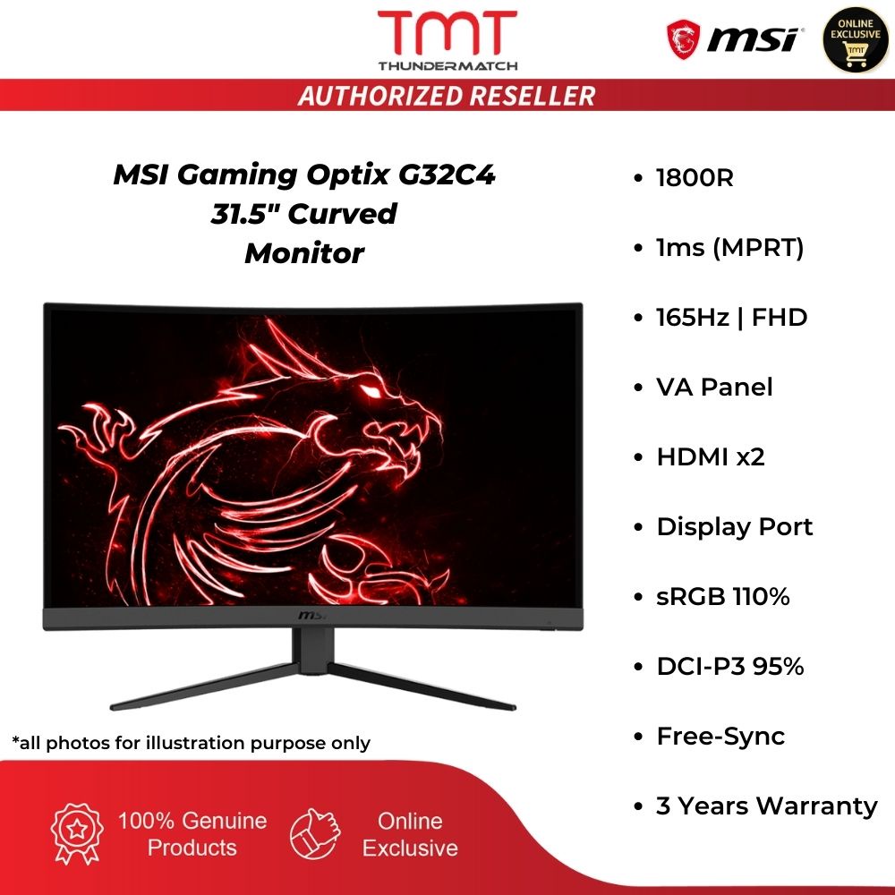 MSI Gaming Optix G32C4 31.5" Curved Monitor | 1800R / 1ms / 165Hz / FHD ...