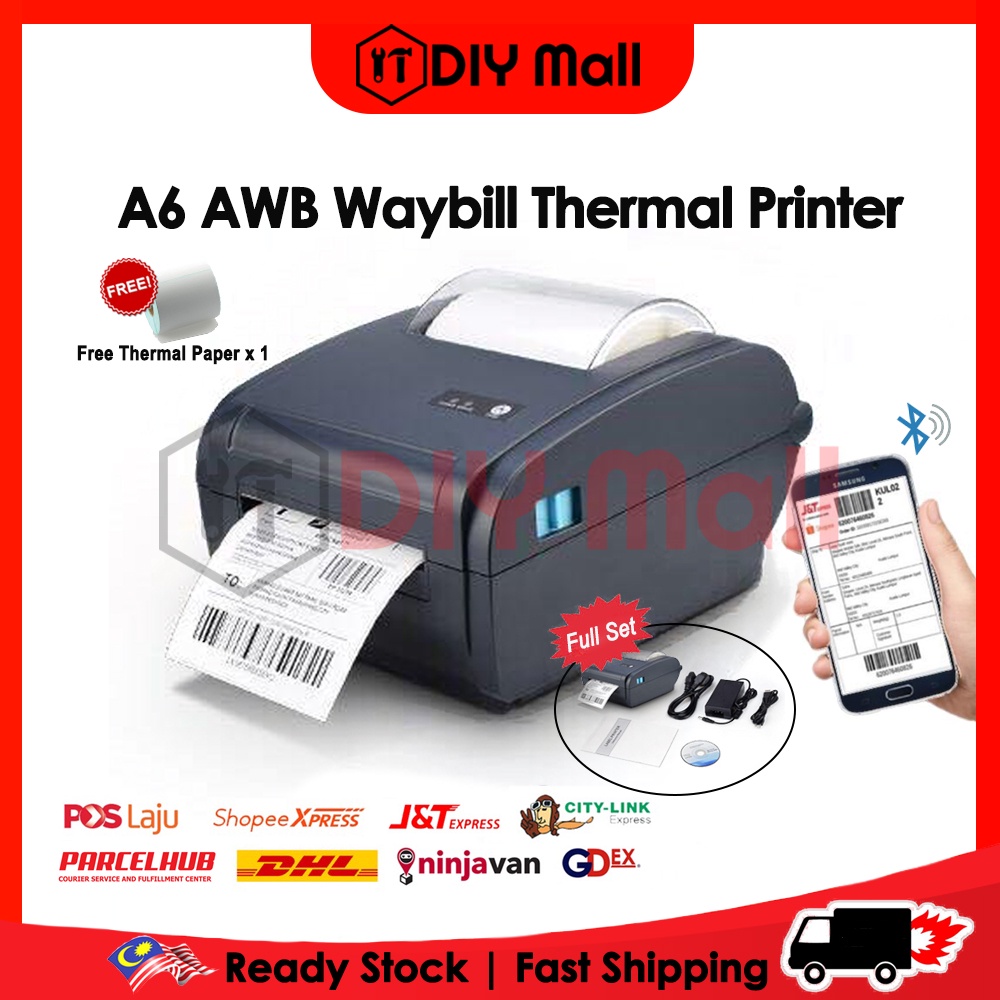 DIYMALL A6 AWB Waybill Printer Thermal PDF Sticker Barcode QR Shopee ...