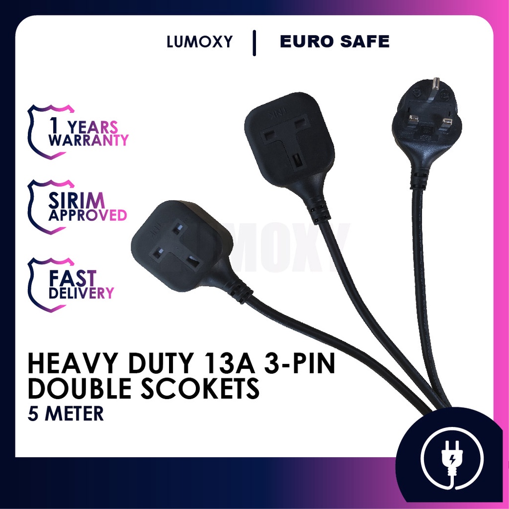 LMY_ SIRIM 5m 13A Double Socket Extension Heavy Duty 3 Pin Plug 2 Gang ...
