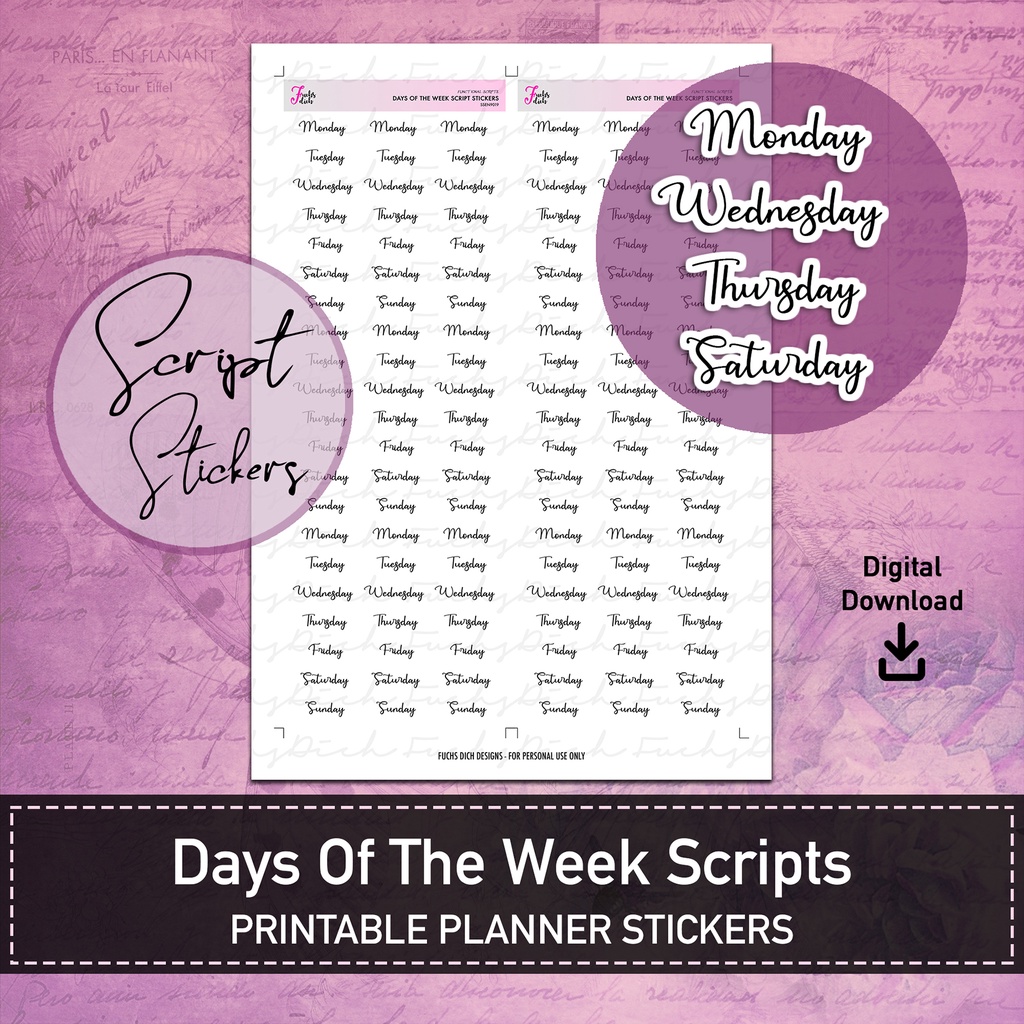 FuchsDich Printable DAYS OF THE WEEK Scripts Stickers | PDF File ...