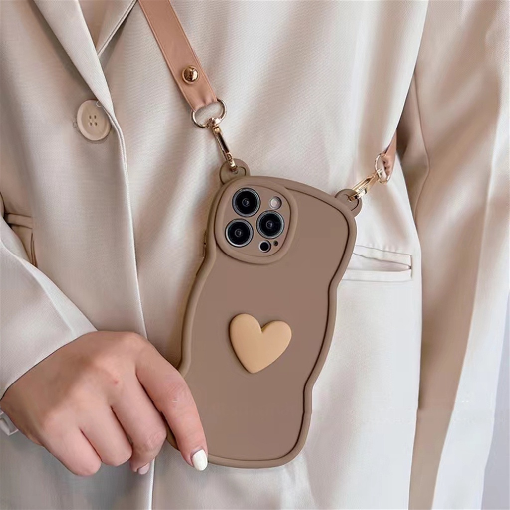 Cute Korean Crossbody Lanyard Bear Ears Wave Phone Case for iPhone 14 ...