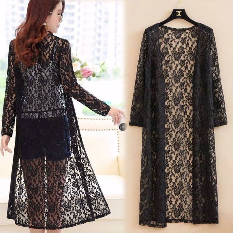 Female with a lace cardigan is prevented bask in clothes with long ...