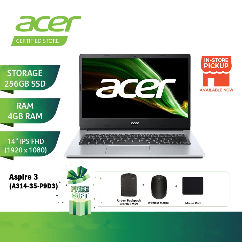 ACER ASPIRE 3 A314-35-P9D3 14" FHD LAPTOP N6000 4GD4 256SSD WIN10H ...