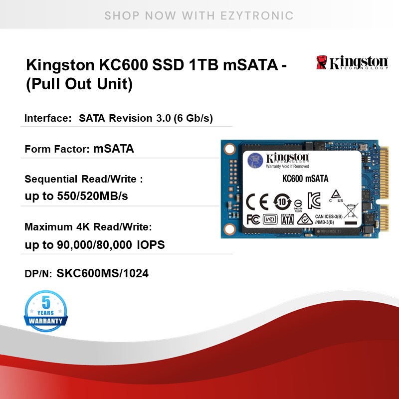 Kingston KC600 SSD 1TB mSATA SATA 3.0 - ( Pull Out Unit ) 1024GB SATA III Solid State Drive ...
