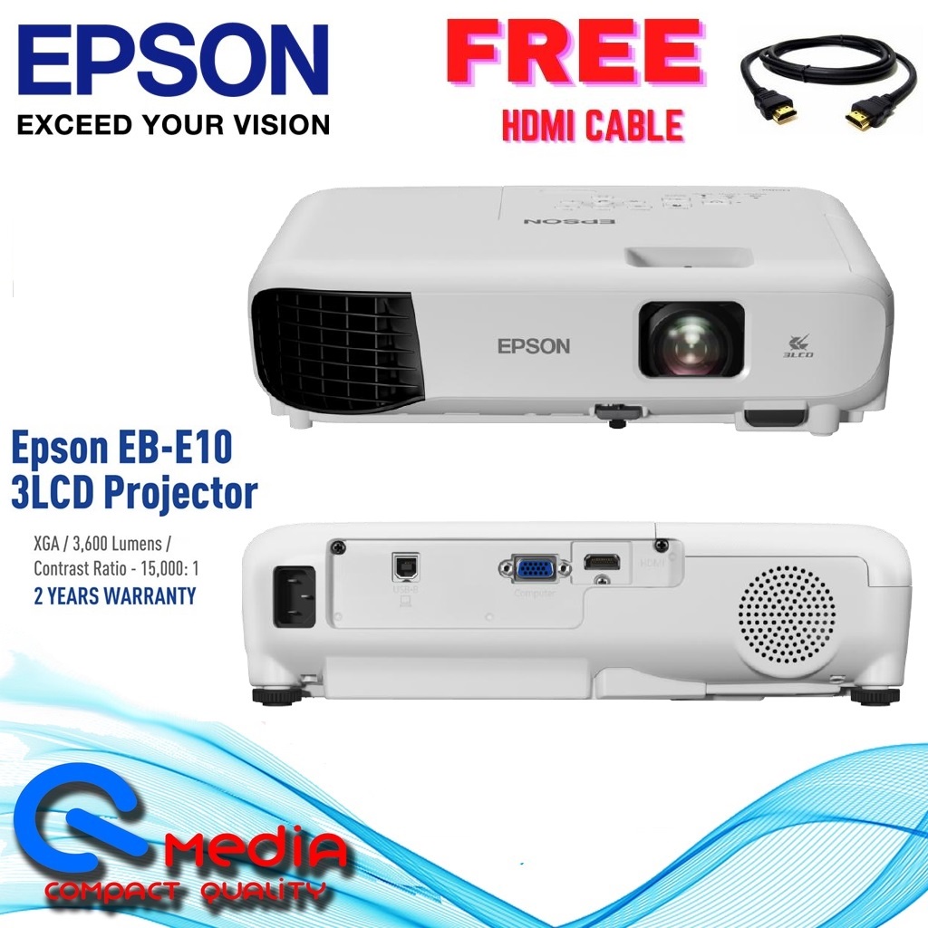 EPSON EB-E01 / EB-E10 / EB-X06 / EB-X51 / EB-W51 PROJECTOR 3600 LUMEN Lamp Hours 6,000 hours ...