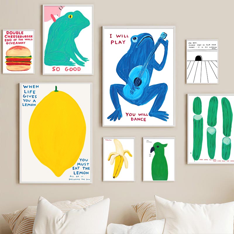 Abstract David Shrigley Frog Parrot Banana Lemon Art Canvas Painting ...